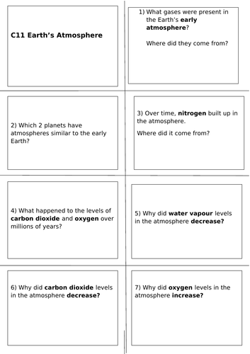 C11 Earth's atmosphere revision cards | Teaching Resources