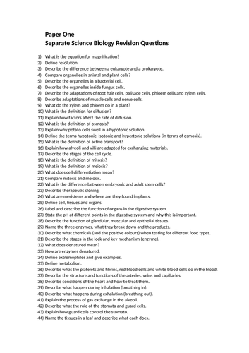 Biology (Seperate Science) Revision Questions paper 1 and 2 | Teaching ...