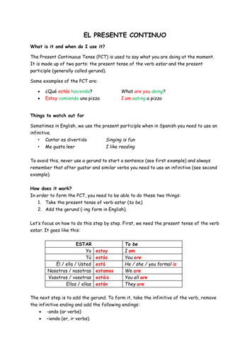 Spanish KS4 - The present continuous tense - Booklet with info and ...