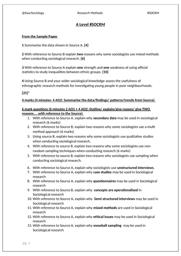 OCR Sociology #SOCRM Full Question Bank Research Methods | Teaching ...