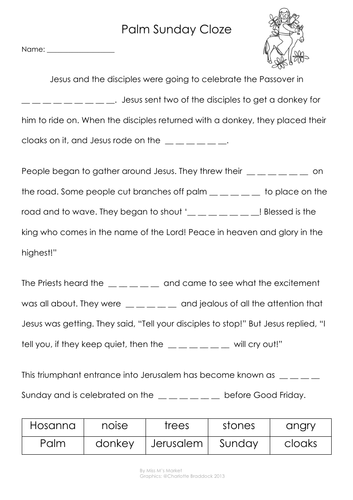 Palm Sunday Cloze Worksheet | Teaching Resources