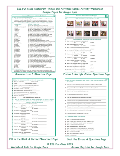 Restaurant Things and Activities Interactive Worksheets for Google Apps ...