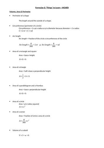 GCSE Higher Formulae to Learn | Teaching Resources