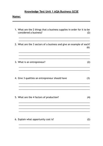 AQA Business Chapter 1 test Business in the real world | Teaching Resources