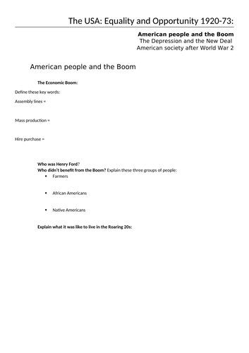 Student workbook - USA 1920 - 73 | Teaching Resources