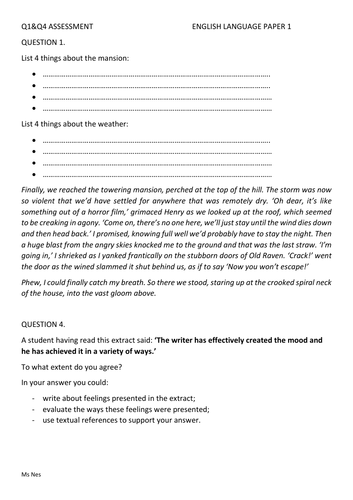 English Lang. Paper 1 q1&4 AQA | Teaching Resources