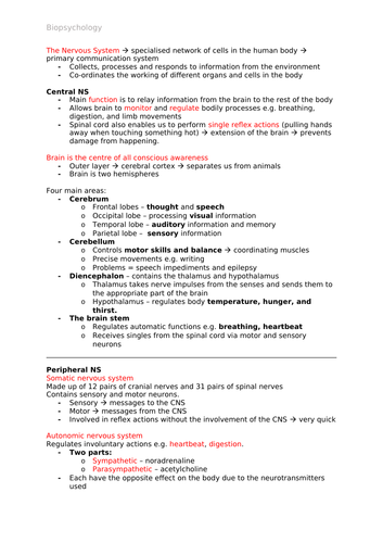 Psychology A-Level AQA 7181/7182 (New) - Biopsychology Notes | Teaching ... Psychology A-Level AQA 7181/7182 (New) - Biopsychology Notes | Teaching ...