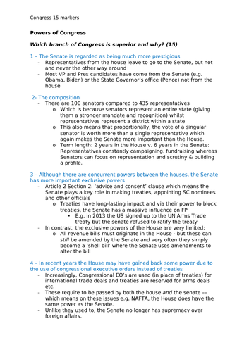 Edexcel Government and Politics - US Congress Short Answer Essay Plans ...