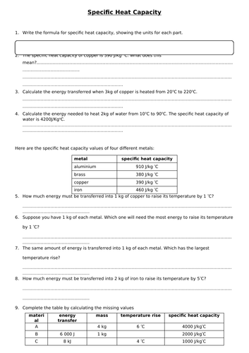 AQA GCSE Physics Specific Heat Capacity | Teaching Resources