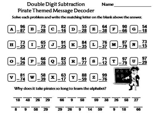 Double Digit Subtraction Activity: Pirate Themed Math Message Decoder ...