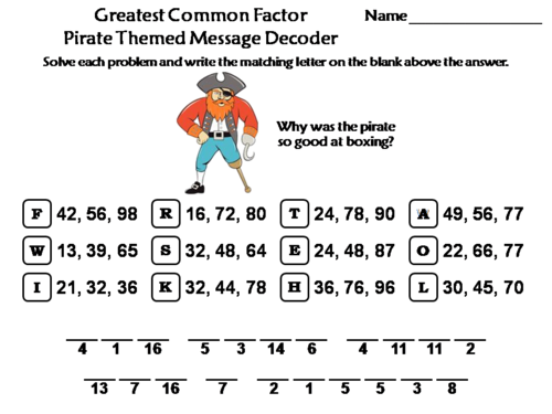 Greatest Common Factor Activity: Pirate Themed Math Message Decoder ...