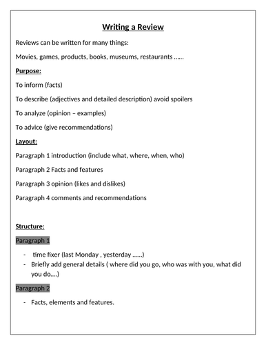 Features of writing a review. | Teaching Resources