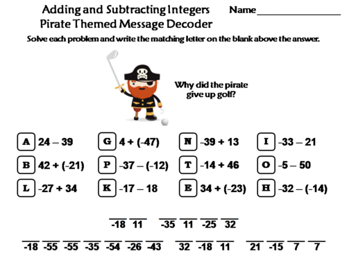 Adding and Subtracting Integers Activity: Pirate Themed Math Message ...