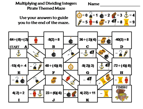 Multiplying and Dividing Integers Activity: Pirate Themed Math Maze ...