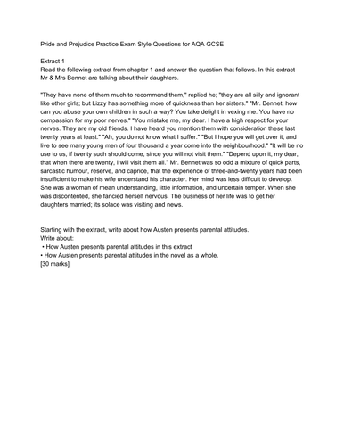 Pride and Prejudice Exam Practice Questions | Teaching Resources Pride and Prejudice Exam Practice Questions | Teaching Resources