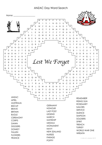 Anzac Day Word Search | Teaching Resources