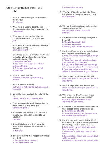 AQA Christianity beliefs and teachings - Knowledge test with answers ...