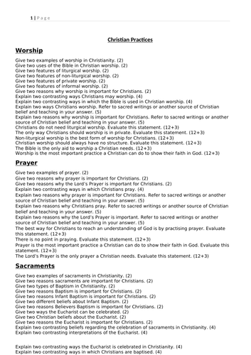 AQA Christian Practices - exam questions | Teaching Resources