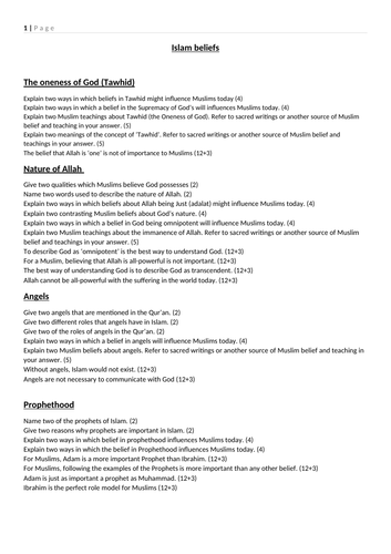 AQA Islam beliefs and teachings - exam questions | Teaching Resources