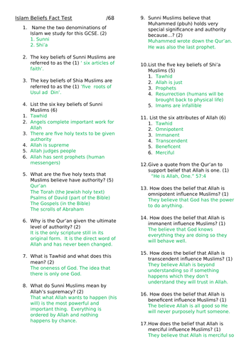 AQA Islam beliefs and teachings - Knowledge test with answers ...