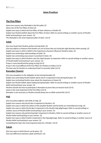 AQA Islam Practices - exam questions | Teaching Resources