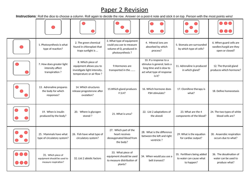 Paper 2 combined science dice game Edexcel | Teaching Resources