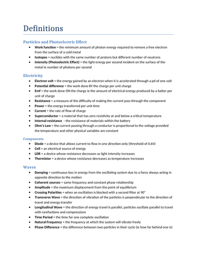 AQA Physics A-Level Definitions | Teaching Resources AQA Physics A-Level Definitions | Teaching Resources