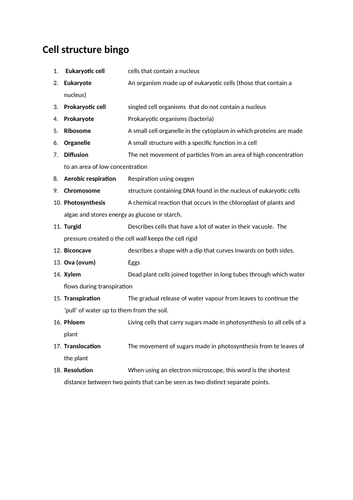 AQA GCSE trilogy Biology cell structure keyword bingo | Teaching Resources