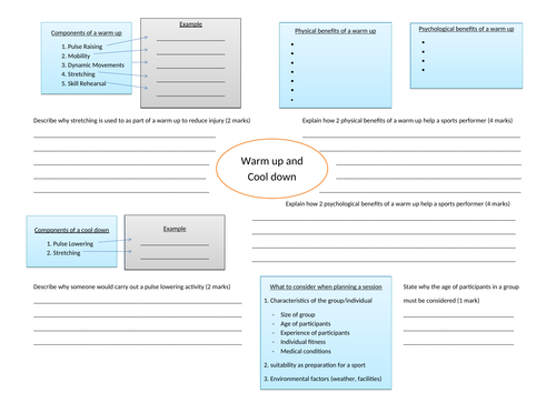 OCR Sport Science- Warm up and Cool Down Learning Mat | Teaching Resources