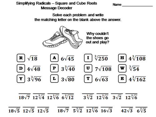 Simplifying Radicals: Square and Cube Roots Activity: Math Message ... Simplifying Radicals: Square and Cube Roots Activity: Math Message ...