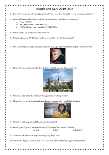 March 1st to April 30th 2019 UK and beyond Current affairs quiz ...
