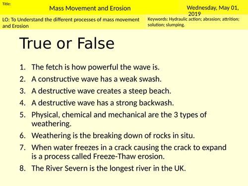 GCSE AQA Geography Mass Movement and Erosion Lesson 3 | Teaching Resources