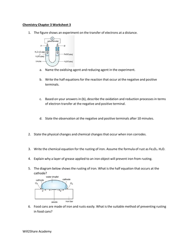 Redox, Displacement Reaction and Rusting of Iron Worksheets and Answers ...