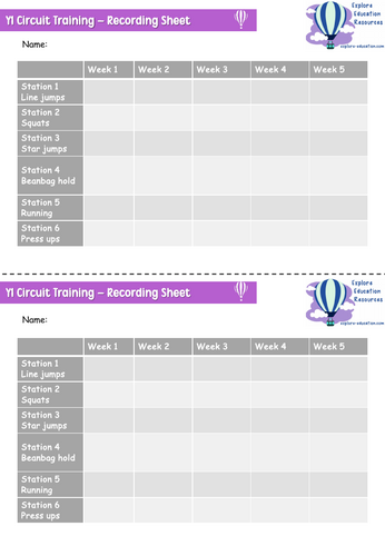 Year 1 PE Circuit Training and Recording Table | Teaching Resources