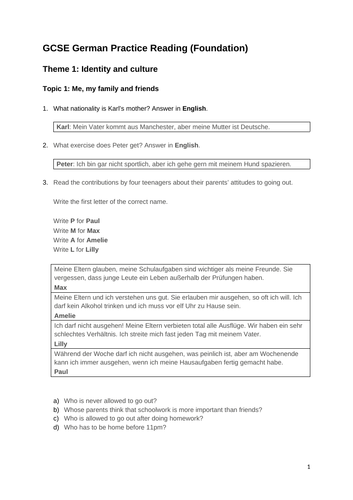 GCSE German Foundation Reading revision | Teaching Resources