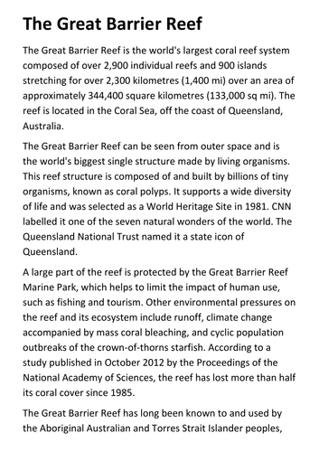 The Great Barrier Reef Handout | Teaching Resources