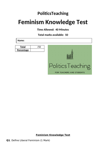 Feminism 50 Mark Knowledge Test (With Answers) 2019 - Editable ...
