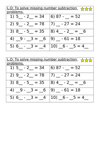 Yr2 Subtraction Missing Number Differentiated | Teaching Resources