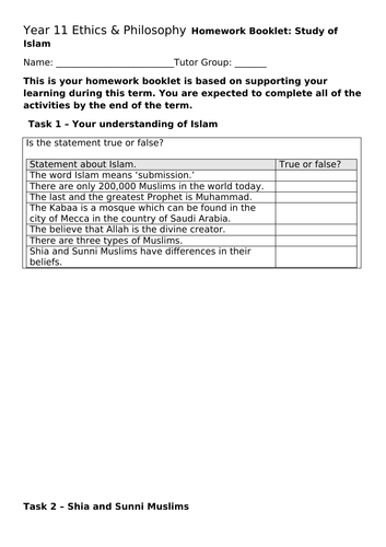 Activity booklet study of Islam | Teaching Resources