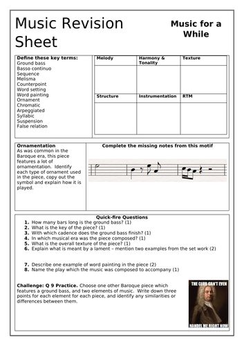 Purcell Music for a While GCSE Revision Sheet | Teaching Resources