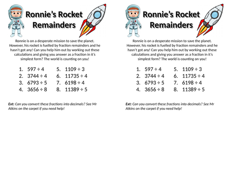 Fraction remainders - space theme | Teaching Resources