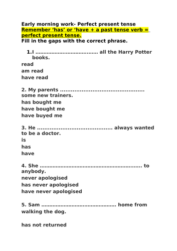 Present Perfect Tense Worksheets/Starter Activities | Teaching Resources