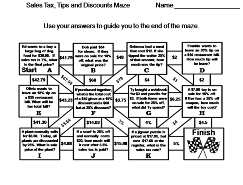 Sales Tax, Tips and Discounts Game: Math Maze | Teaching Resources