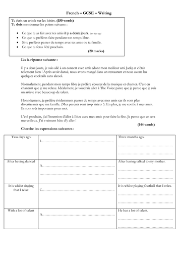 French - GCSE - writing - les loisirs (150 word model answer - complex ...