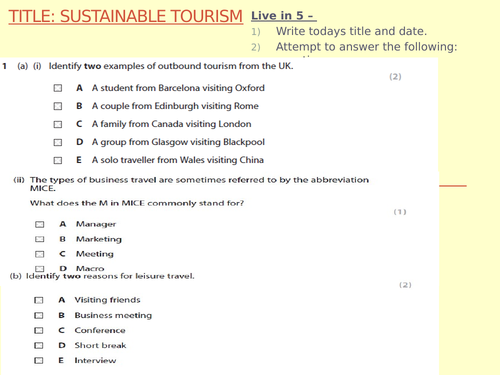 BTEC Level 2 - Travel and tourism - Unit 1 - lesson 2 | Teaching Resources