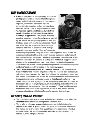 War Photographer by Carol Ann Duffy revision guide GCSE English Lit ...