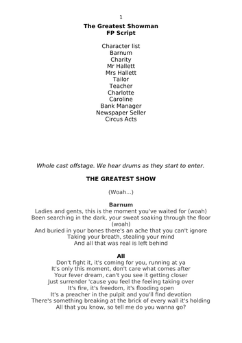 The Greatest Showman Script - End of Year 6 | Teaching Resources