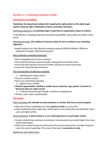 Edexcel A-Level Business: Topic 1- Marketing ane People (full notes ...