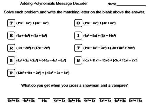 Adding Polynomials Worksheet: Math Message Decoder | Teaching Resources Adding Polynomials Worksheet: Math Message Decoder | Teaching Resources