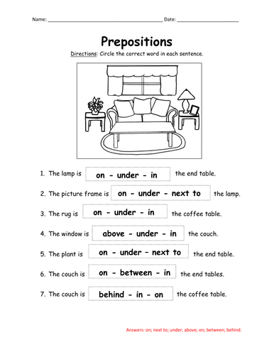 Preposition Worksheets In On Under
